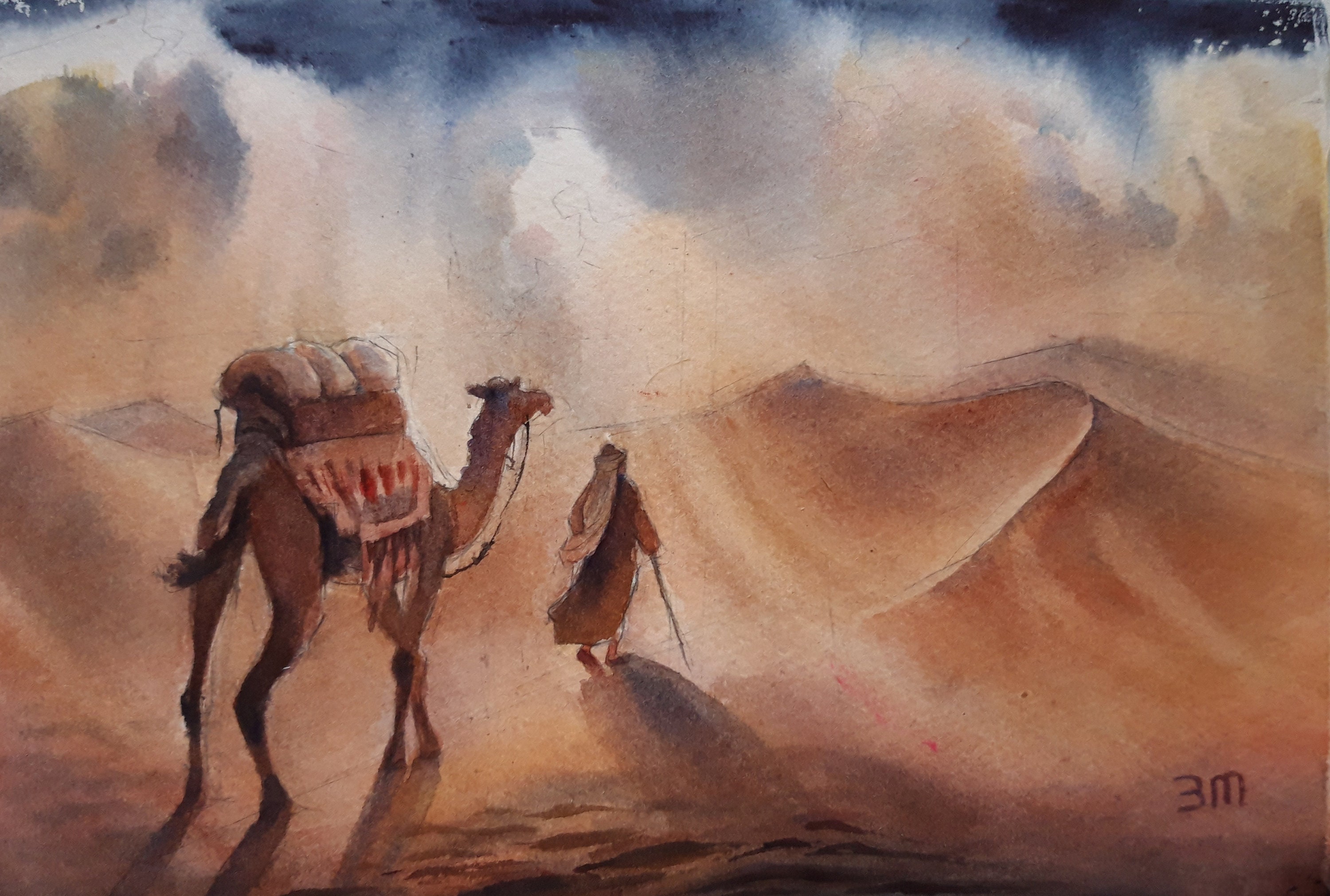 Desert Nomad Watercolor Painting - Man and Camel Journey, Landscape Art ...