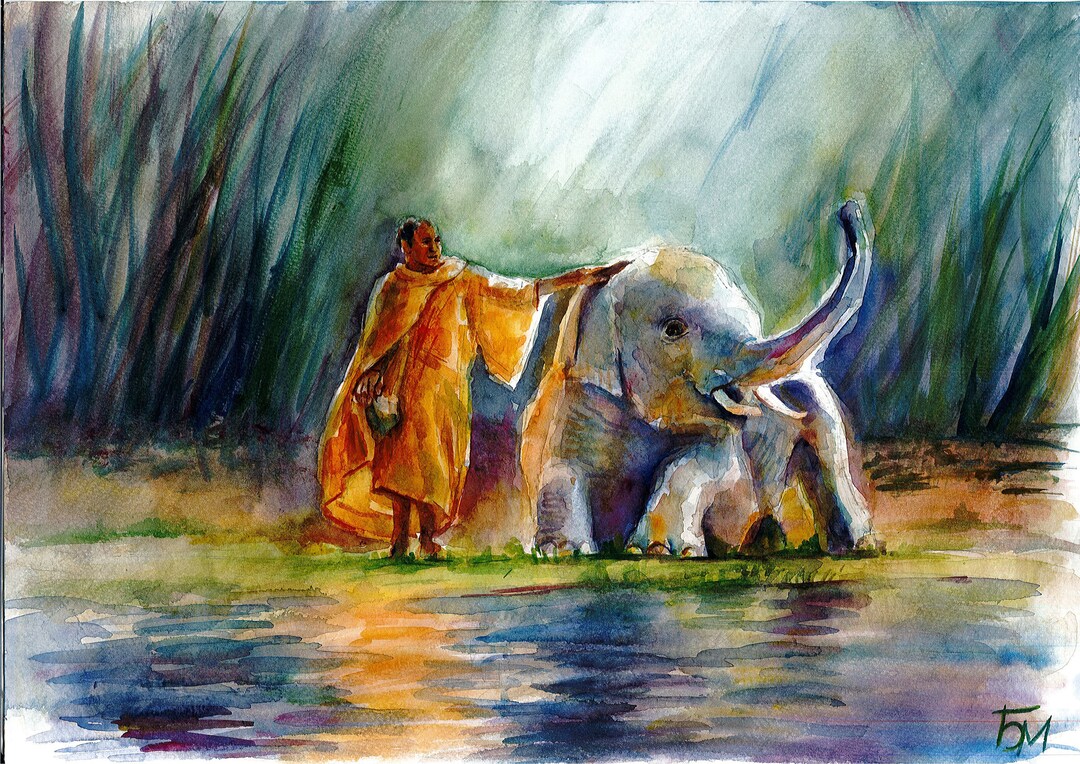 Buddhist Monk Painting, the Caress, Elephant, Buddhist in Nature, Monk ...
