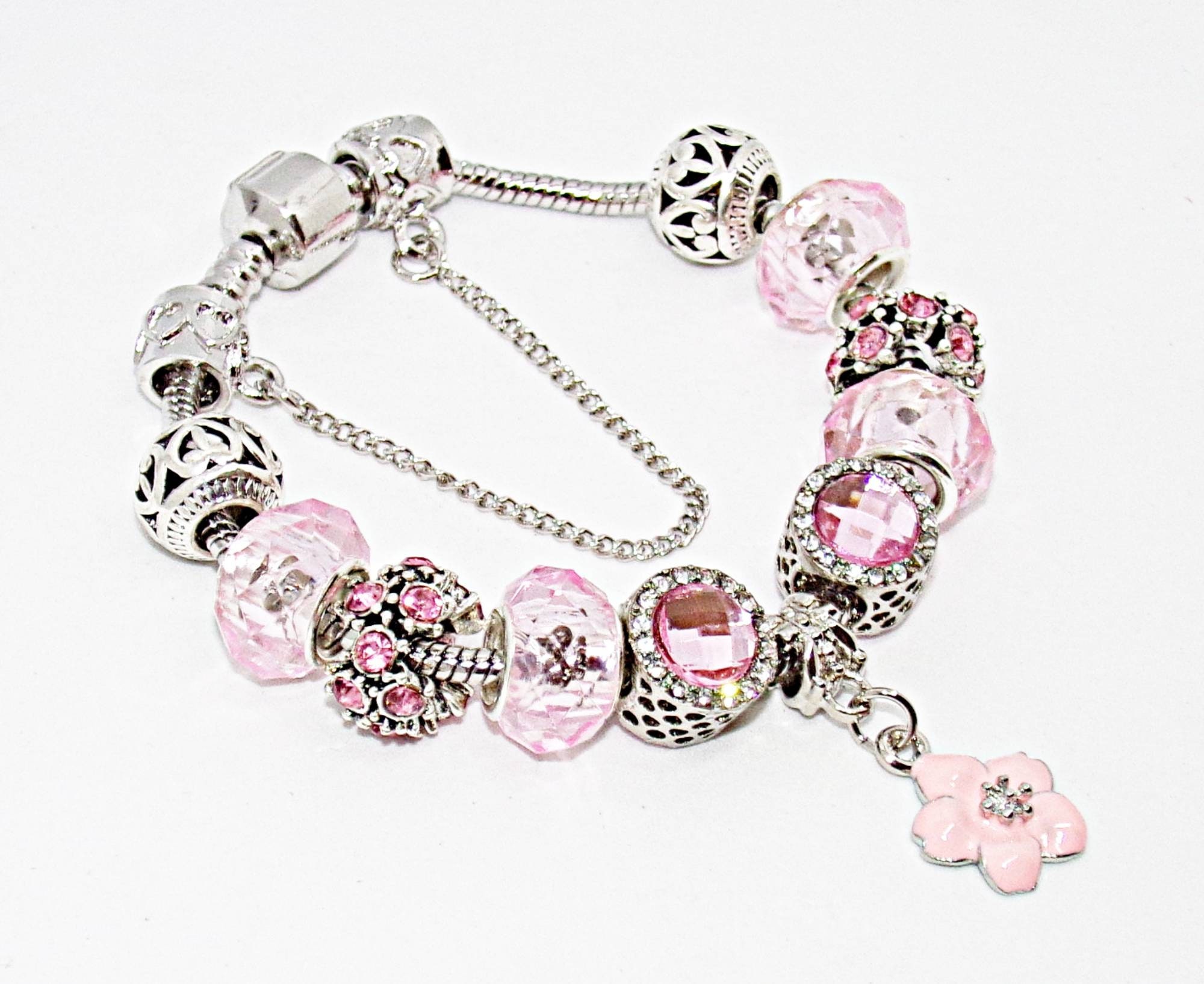 Bracelet with Silver and Pink Pandora Style Charms