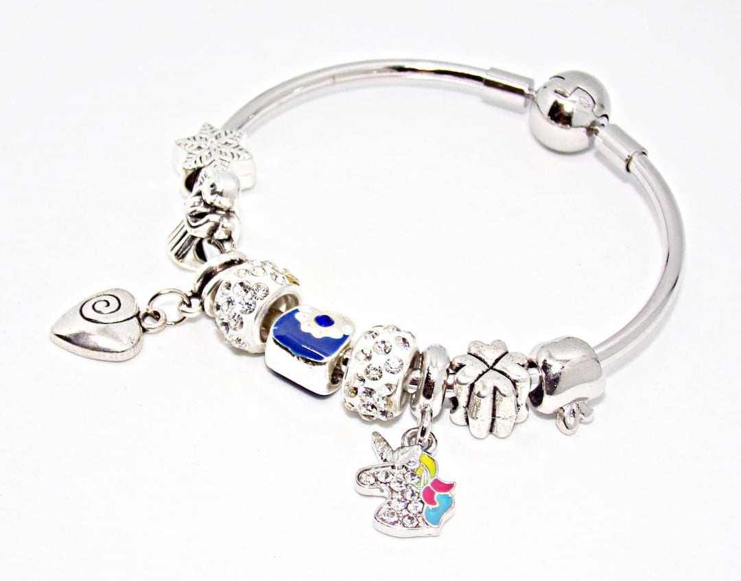 Children s Bangle Bracelet with Pandora Style Silver and Blue Charms Child Bracelet