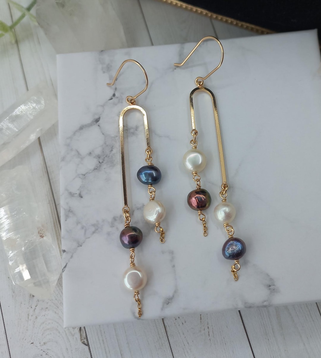 Black and White Freshwater Pearl Arch Earrings,gold Filled,fringe,u ...
