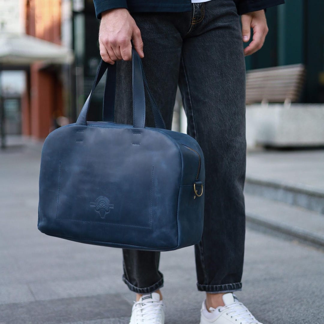 Dark Blue Leather Work Bag for Men – Travel Messenger Briefcase – Large ...