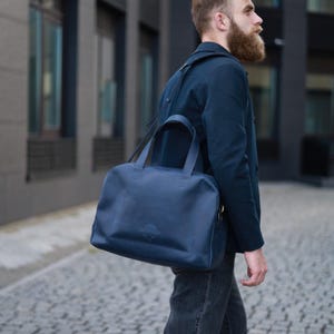 Dark Blue Leather Work Bag for Men – Travel Messenger Briefcase – Large ...