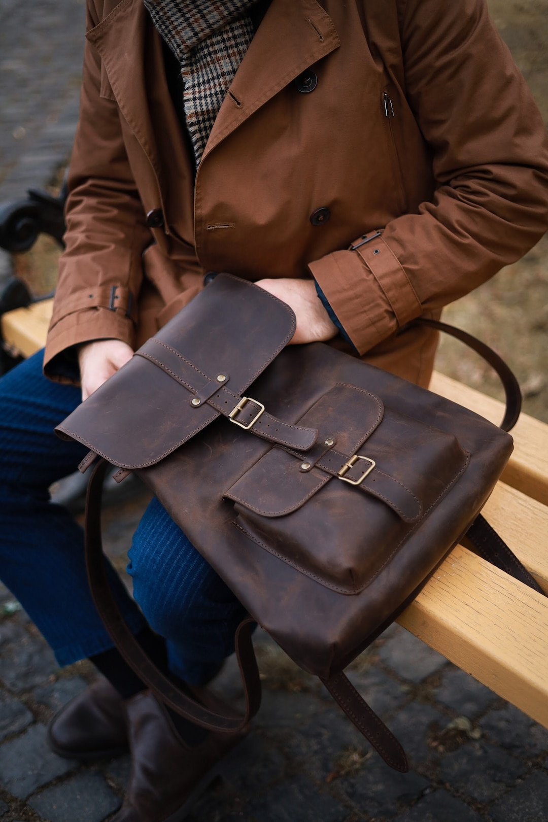 Crazy Horse Leather Canvas Drawstring Laptop Backpack | Vintage ...