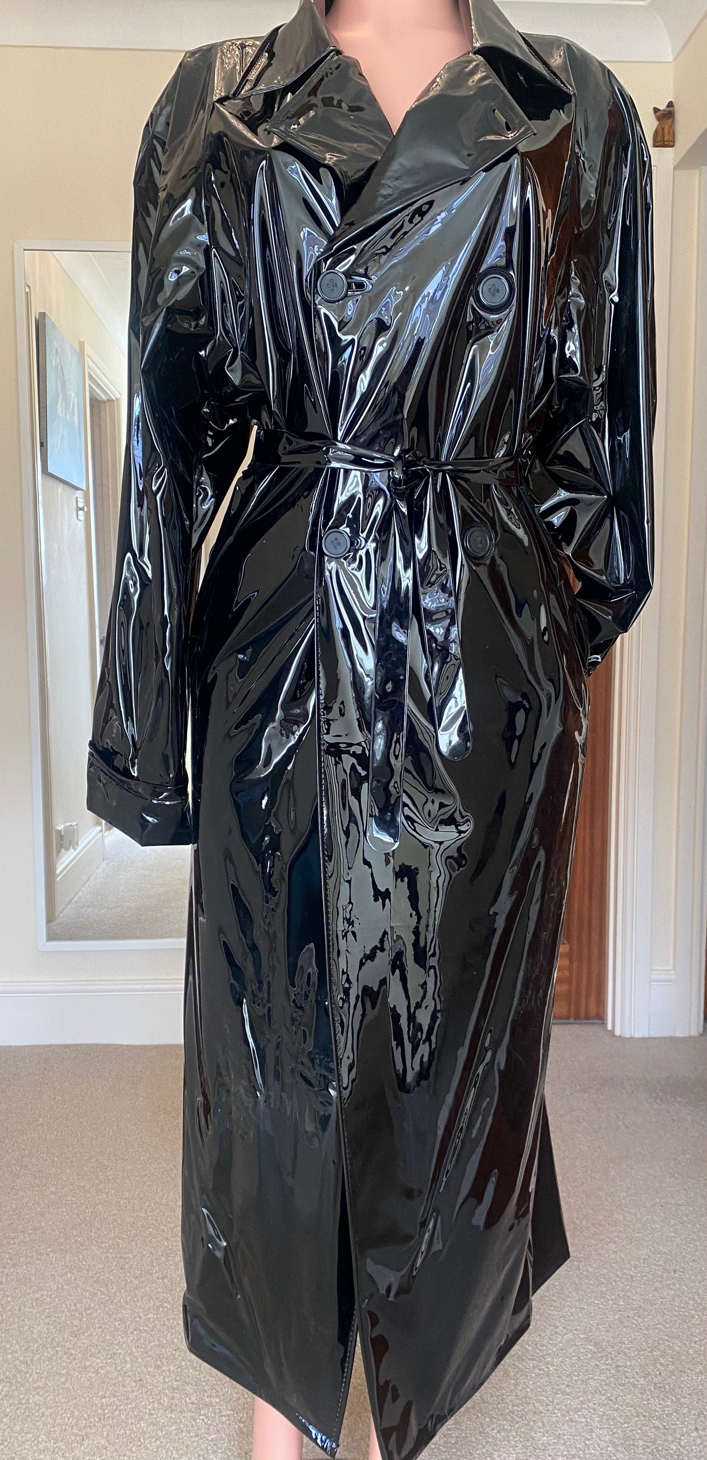 Super Soft Glossy Black PVC Vinyl Fetish Trench Coat Size 2XL XXL ...