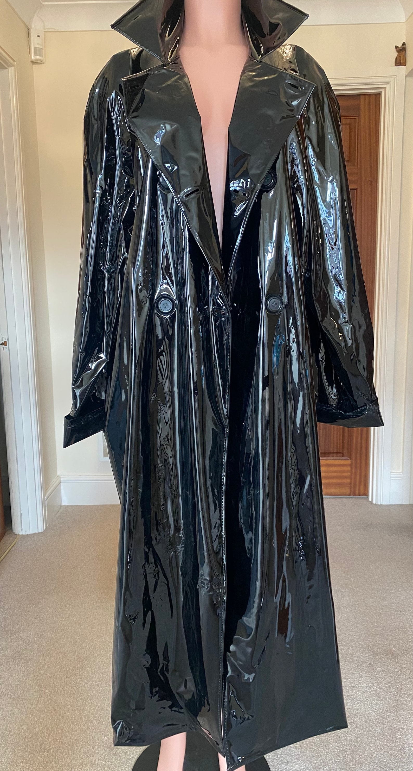 Super Soft Glossy Black PVC Vinyl Fetish Trench Coat Size 2XL XXL ...
