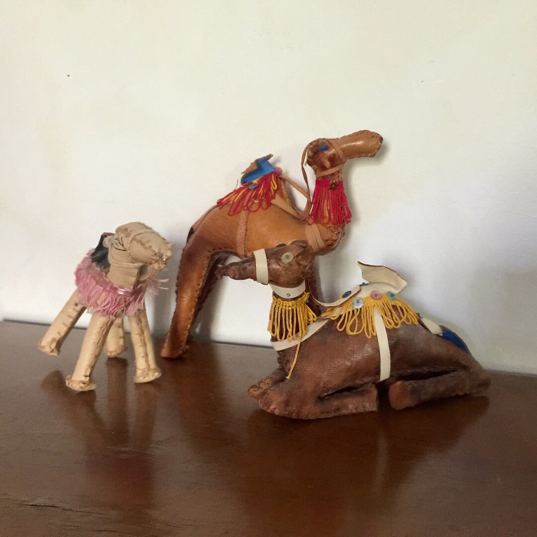 Set of 3 Vintage Leather Camels With Saddles, Brown Standing and ...