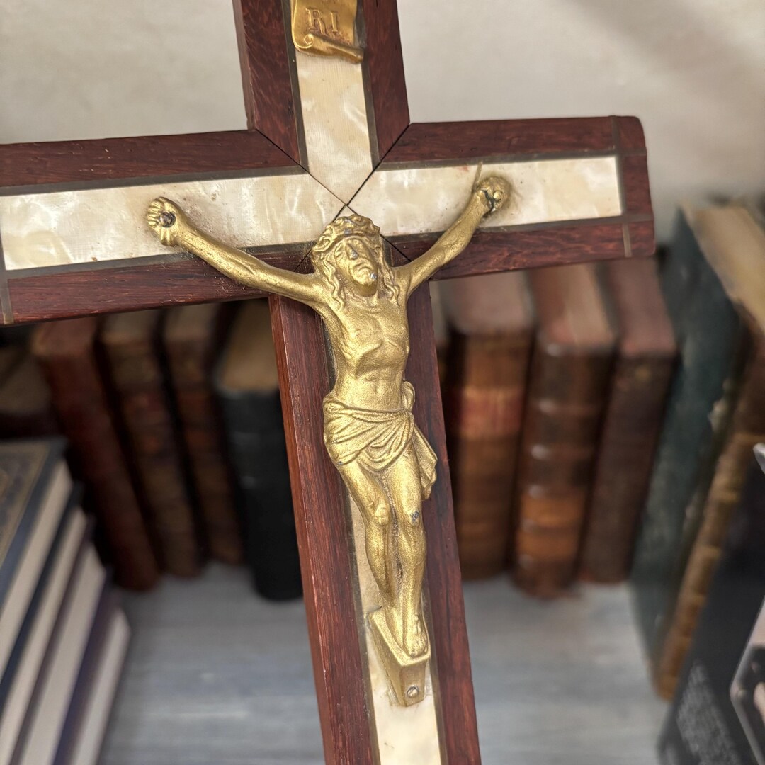 Antique Wooden Crucifix Decorated With Mother of Pearl Bakelite Made in ...
