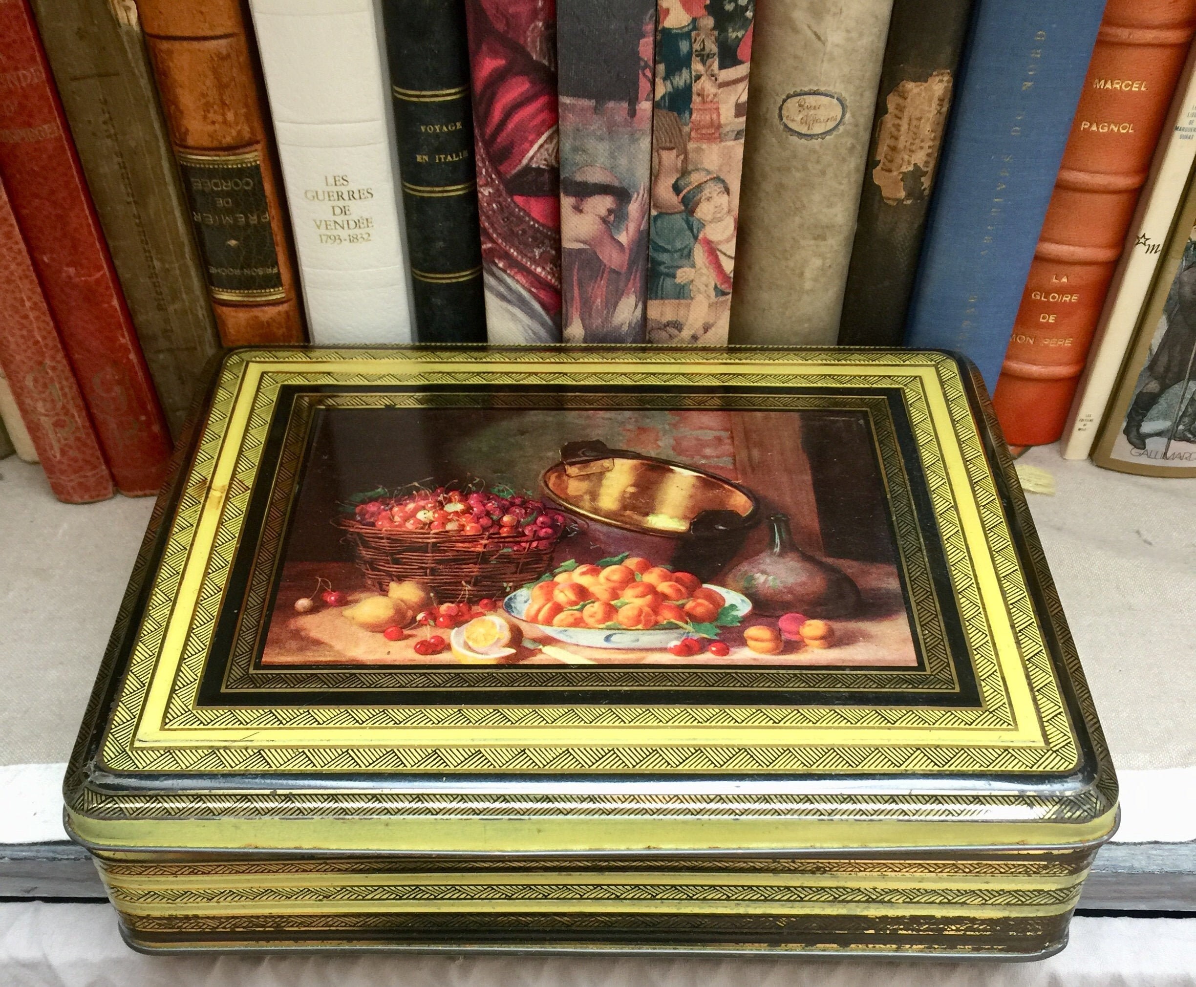 Big vintage French colored tin box with a still life decor | Etsy