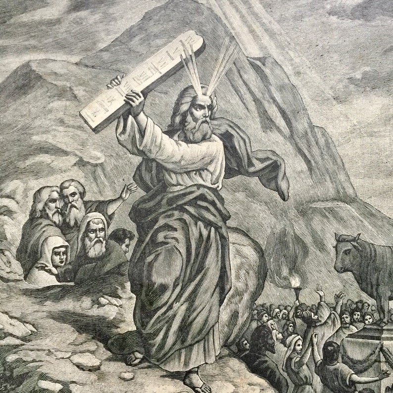 Large Antique Catechism Print From France, "moses Breaking the Tablets ...