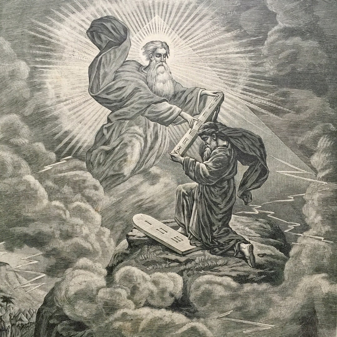 Large Antique Catechism Print From France, "moses Receives the Ten ...