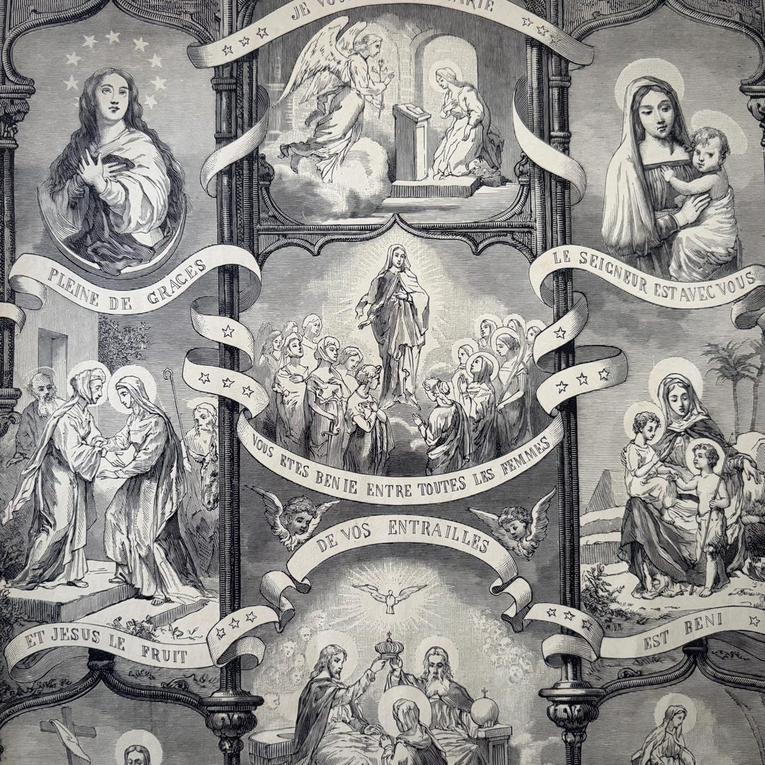 Large Antique Catechism Print From France, "je Vous Salue Marie" HAIL ...
