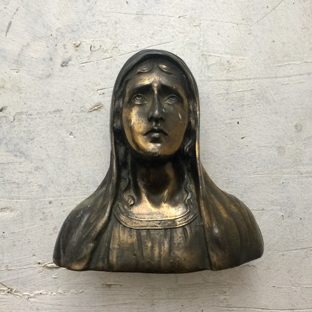 Small Antique Metallic Bust of the Crying Virgin Mary With a Veil ...