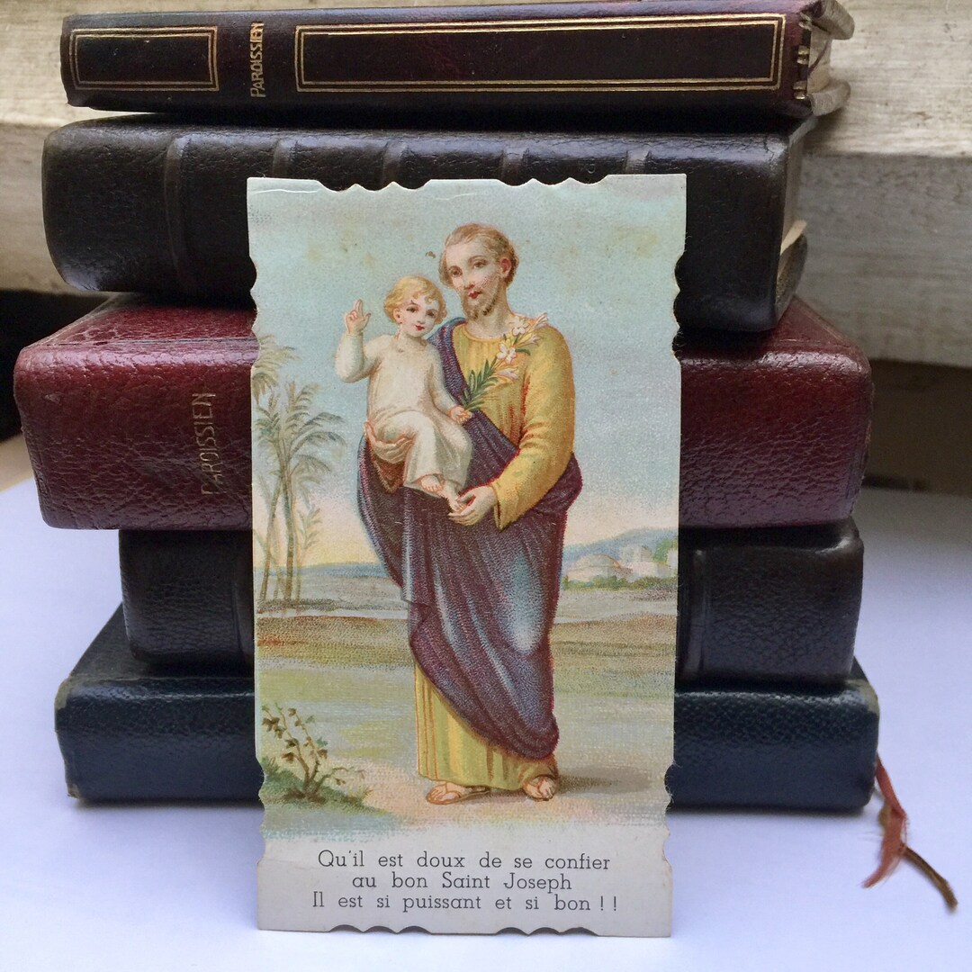 Rare Antique Pious Image From France, Saint Joseph Holding Jesus ...