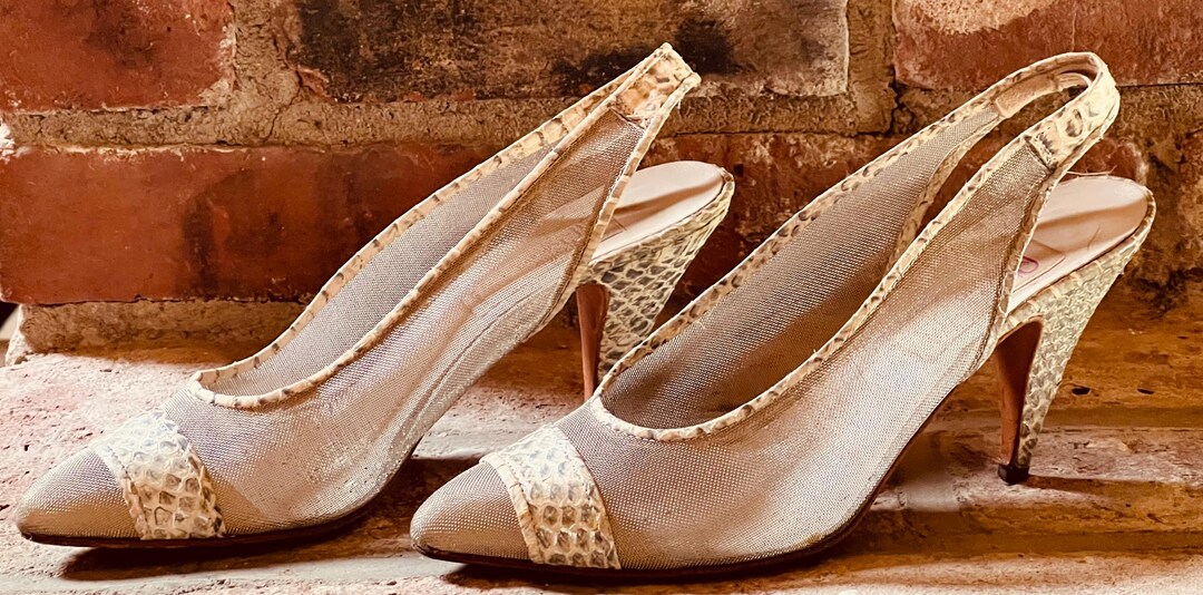 Vintage C1980s Phyllis Poland Gold Mesh & Leather Sling Back High Heel ...