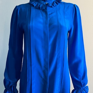 Vintage C1980s, Royal Cobalt Blue, Pure Silk Blouse Top, Double Ruffled ...