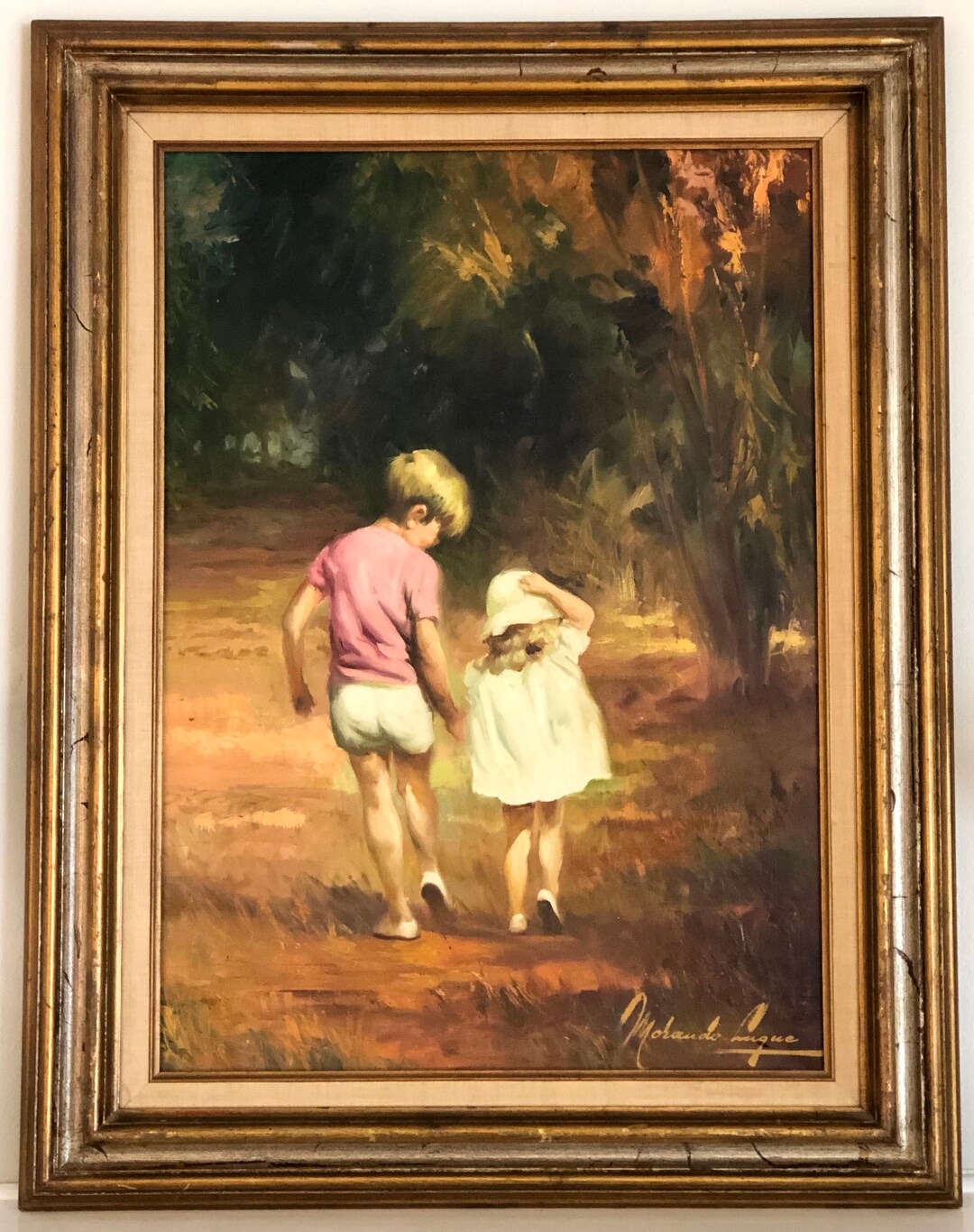 Vintage Oil Painting on Canvas, Brother & Sister, Artist Morando Luque ...