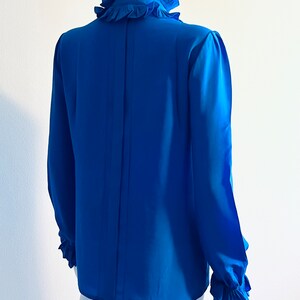 Vintage C1980s, Royal Cobalt Blue, Pure Silk Blouse Top, Double Ruffled ...