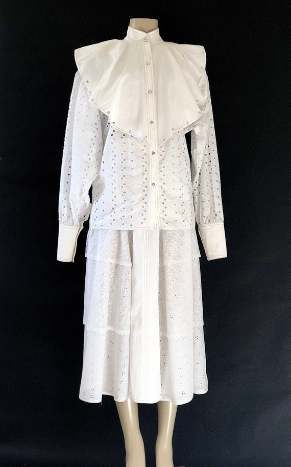 Vintage 1980s Mario Romano Two Piece White Lace, Eyel… - Gem