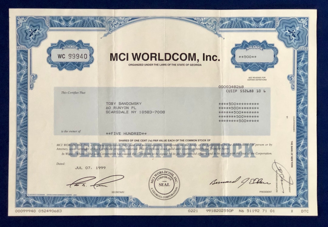 Rare Vintage 1999 MCI Worldcom, Inc. Stock Certificate With Bernard ...