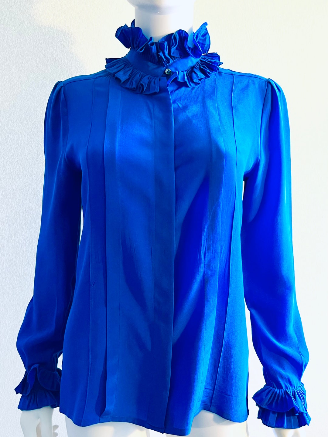 Vintage C1980s, Royal Cobalt Blue, Pure Silk Blouse Top, Double Ruffled ...