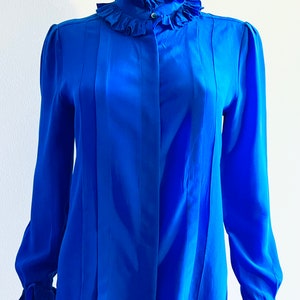 Vintage C1980s, Royal Cobalt Blue, Pure Silk Blouse Top, Double Ruffled ...