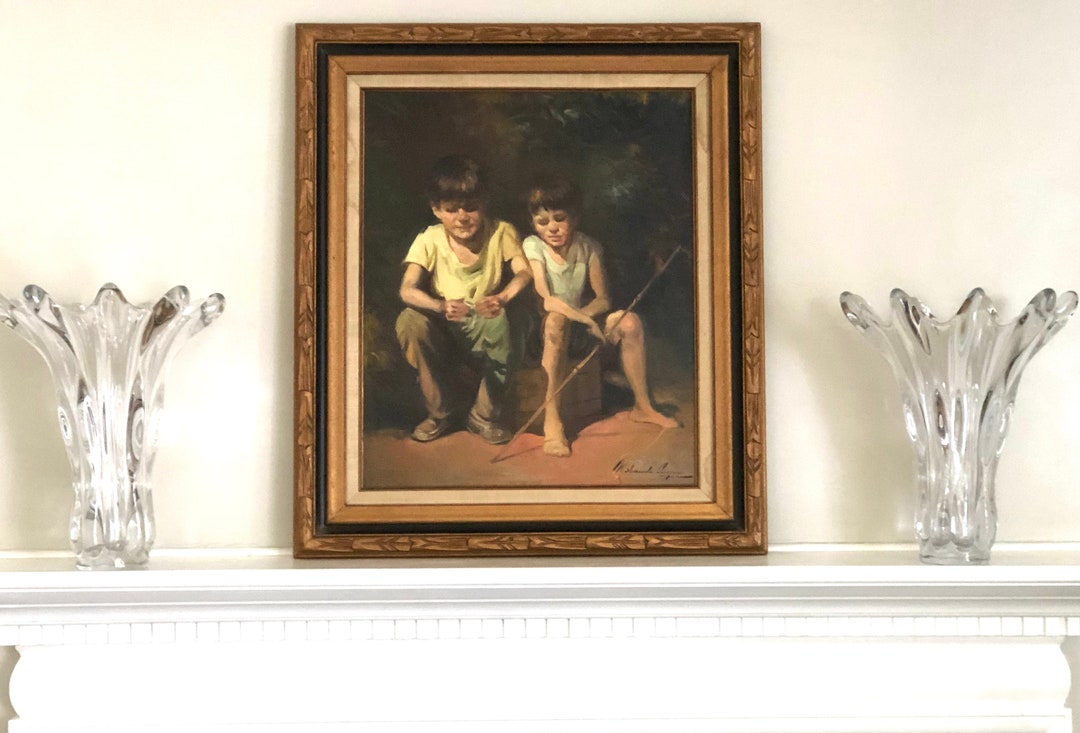 Vintage C1960s Original Oil Painting on Canvas, Two Boys, Artist ...