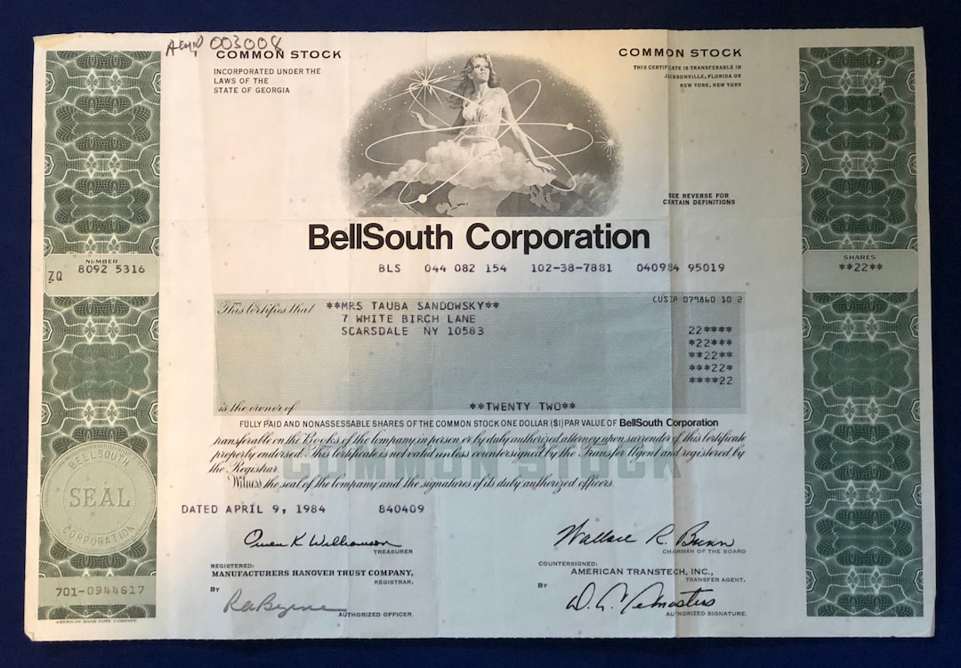 Vintage 1984 Bellsouth Corporation Stock Certificate Wall - Etsy.de