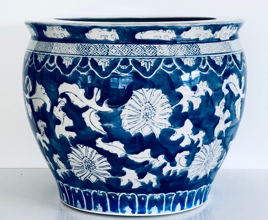 Vintage C1980s Large Blue & White Chinese Porcelain Fishbowl Planter ...