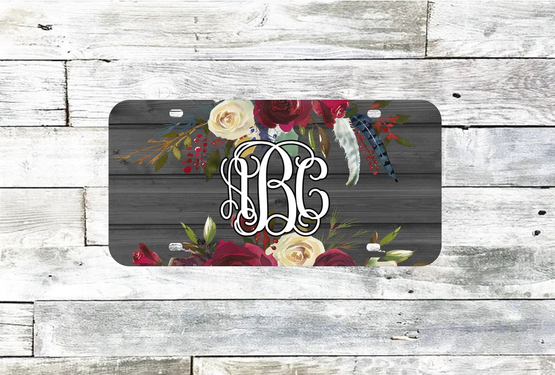 Floral Monogram License Plate | Rustic Wood Car Tag - Etsy