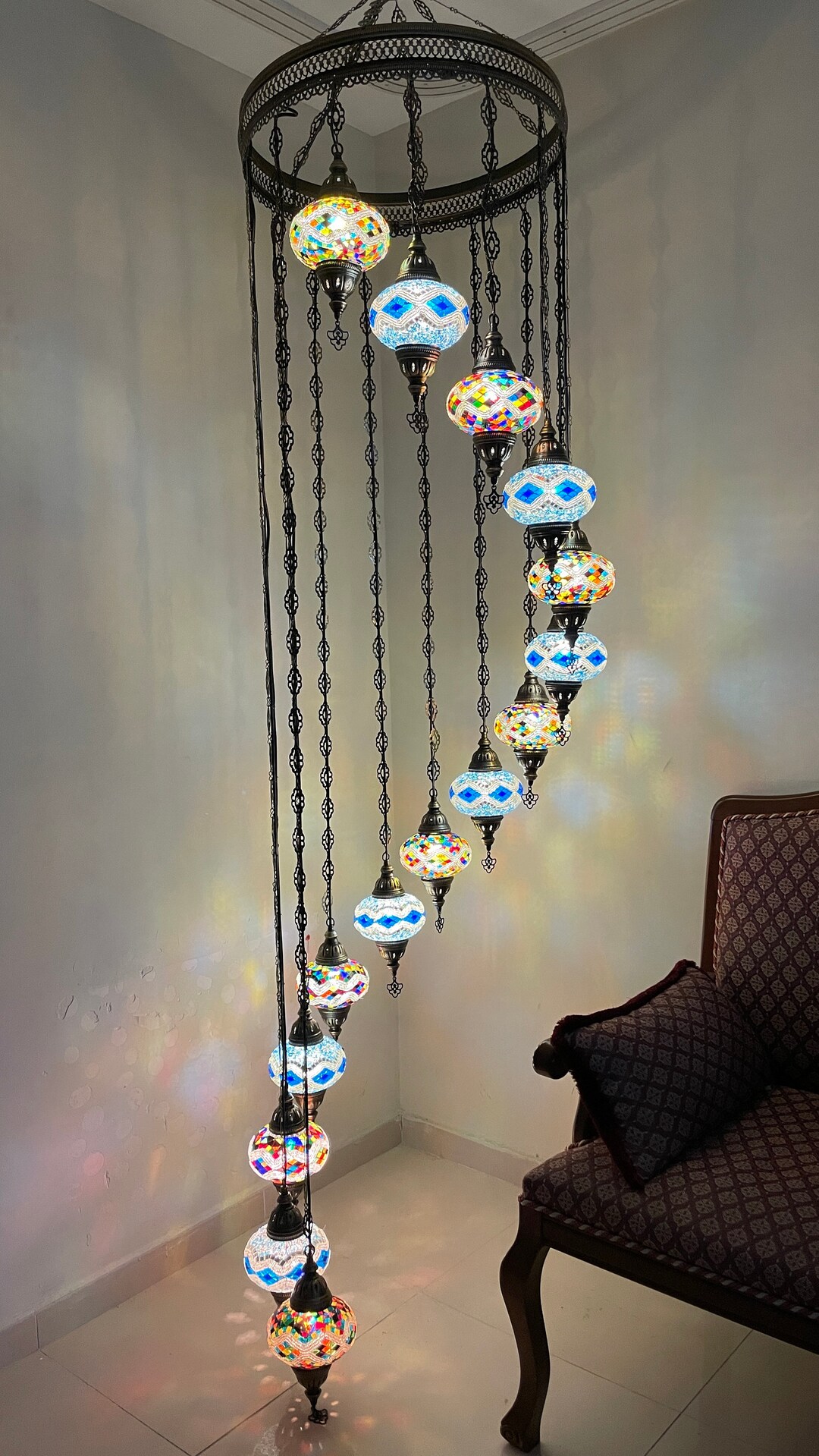 Mosaic Turkish Chandelier With 15 Globes, Colorful Pendant Light - Etsy