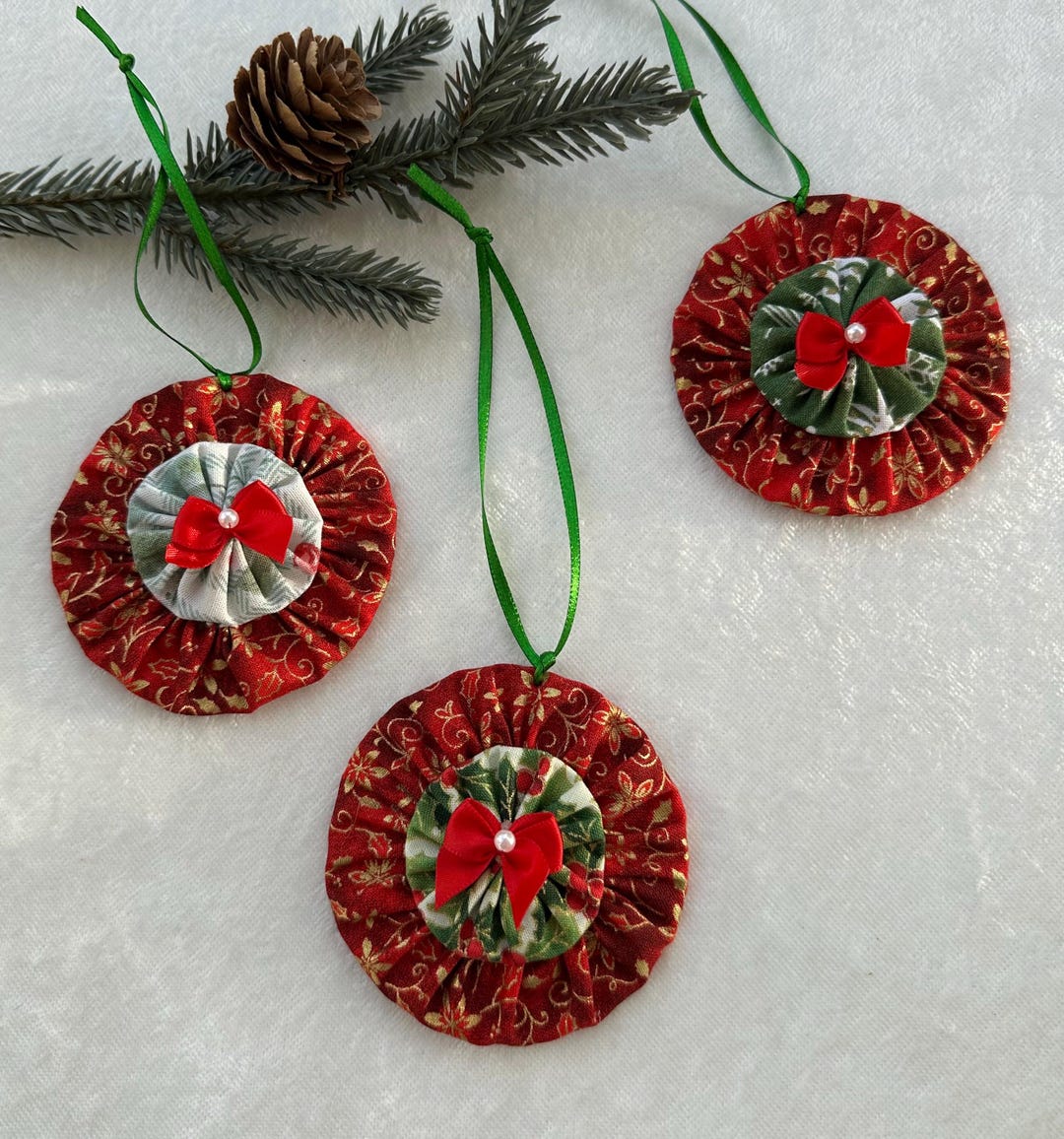 3 Handmade Button Red Yo-yo Christmas Ornaments-country Style - Etsy