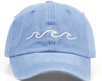 Embroidered Beach Wave Blue White Hat, Ocean Wave Blue White Baseball ...