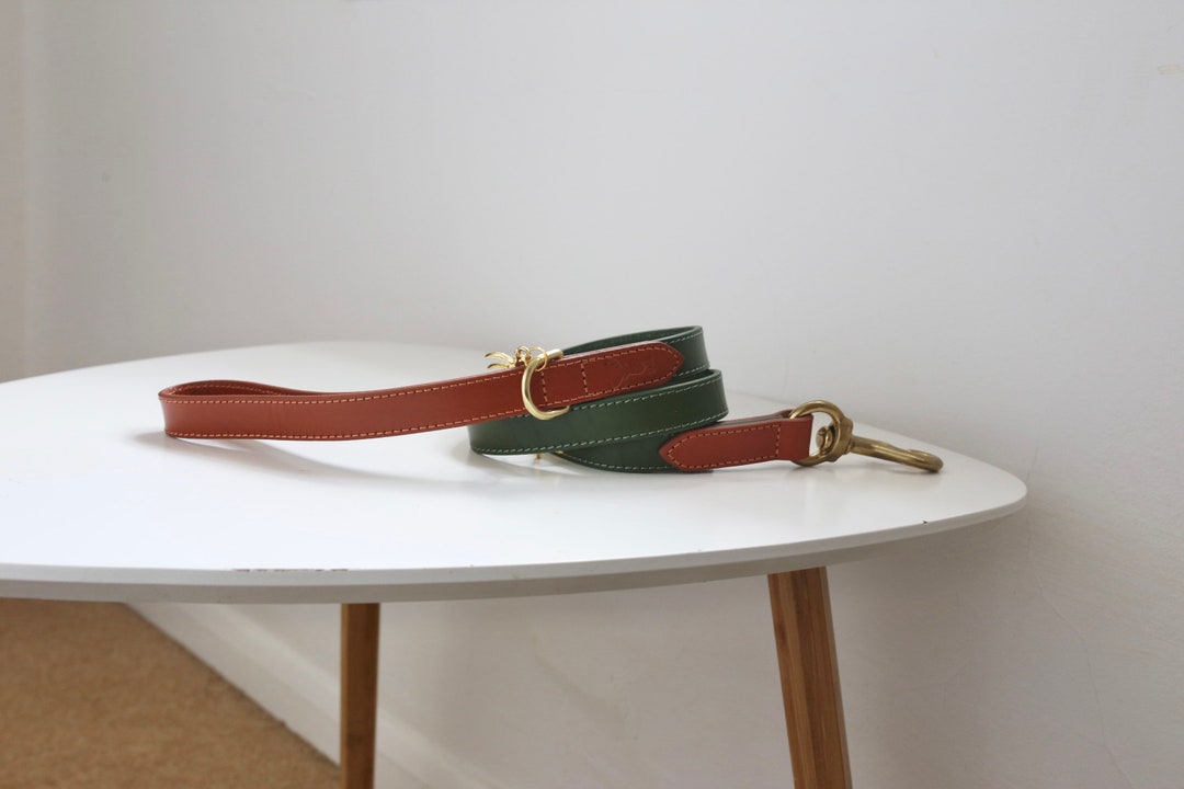 Dapper Maximus Rich Tan and Deep Green Full Grain Leather Dog Leash With Antler Charm and Solid ...