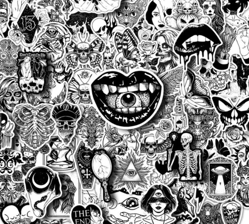 100 Goth Horror Vinyl Sticker Decals Black and White Gothic - Etsy