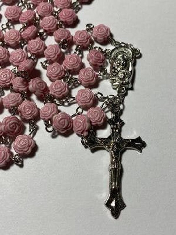 Traditional Pink Rose Flower Catholic Prayer Rosary Beads - Etsy