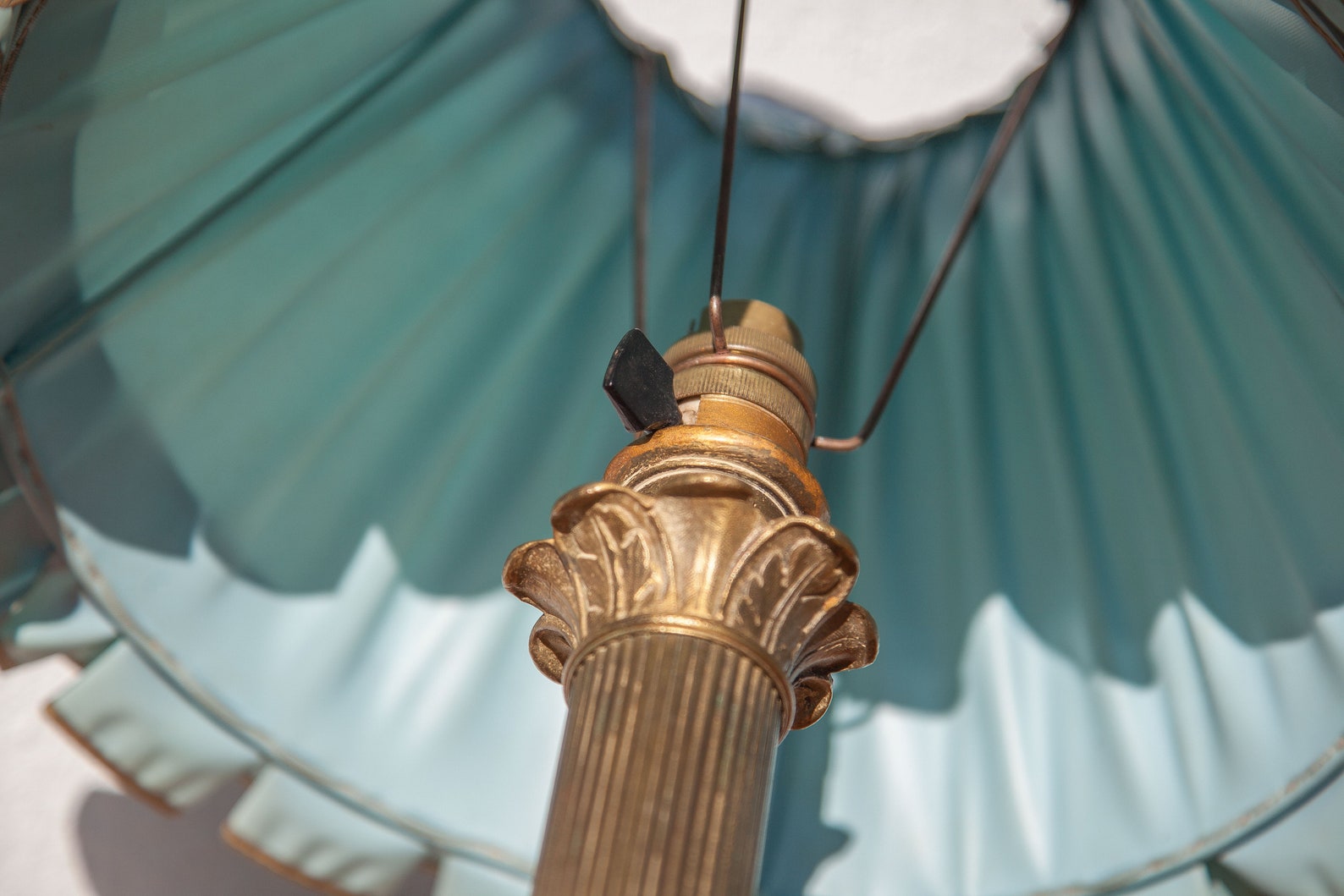 Brass Lamp With Vintage Blue Plasticized Lampshade, Table Lamp, Empire ...