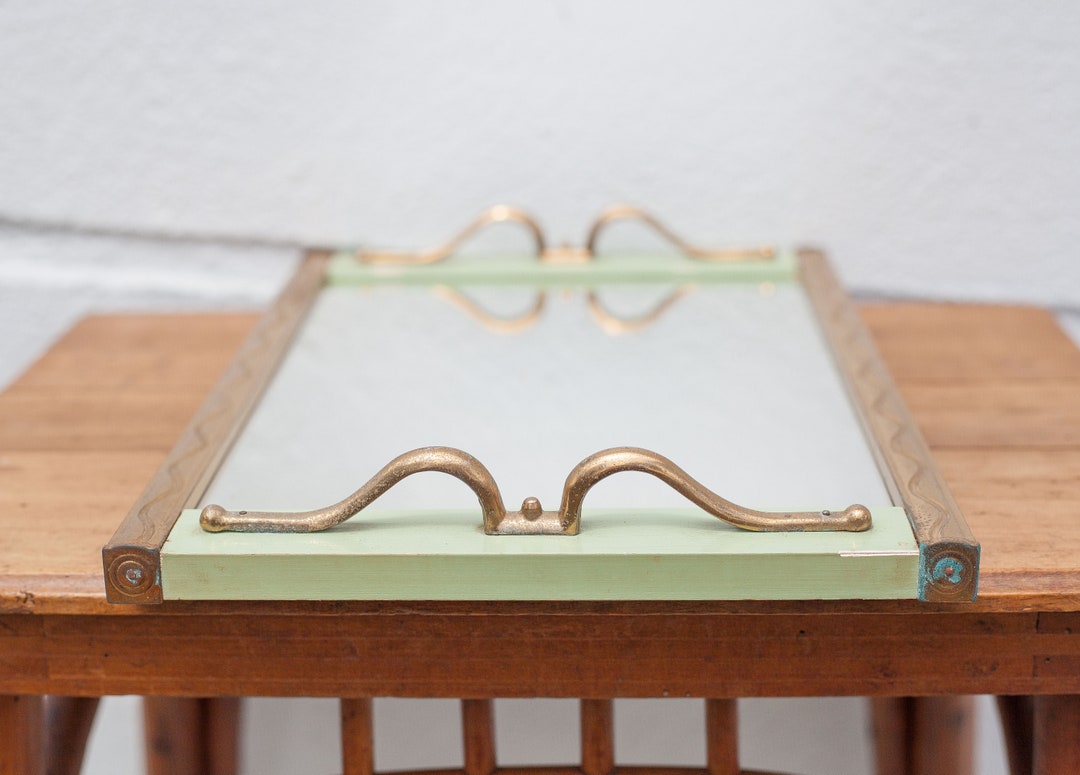 Vintage Wood and Brass Mirror Tray, Serving Tray, Decorative Tray ...