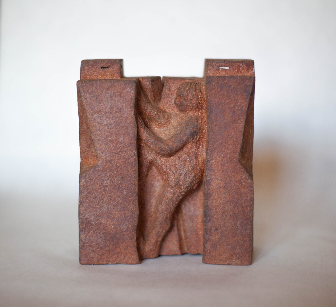Sculpture Signed and Dated 1996, Sandstone Sculpture Man Pushing a Wall ...