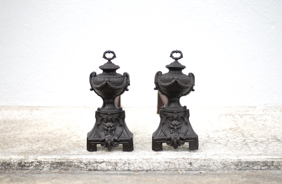 Vintage Fireplace Andirons, Pair of Cassolette Cast Iron Andirons and ...