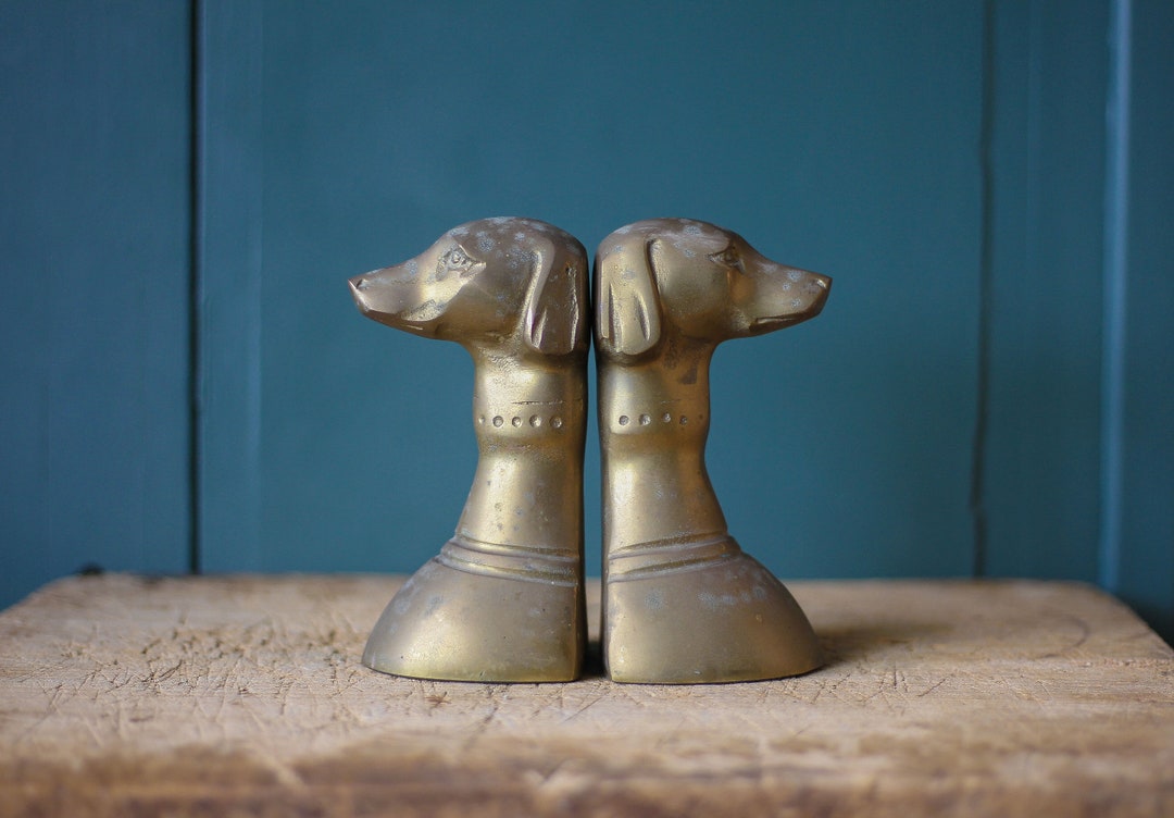 RESERVED // Vintage Brass Dog Head Bookends, Brass Animals, Paperweight ...