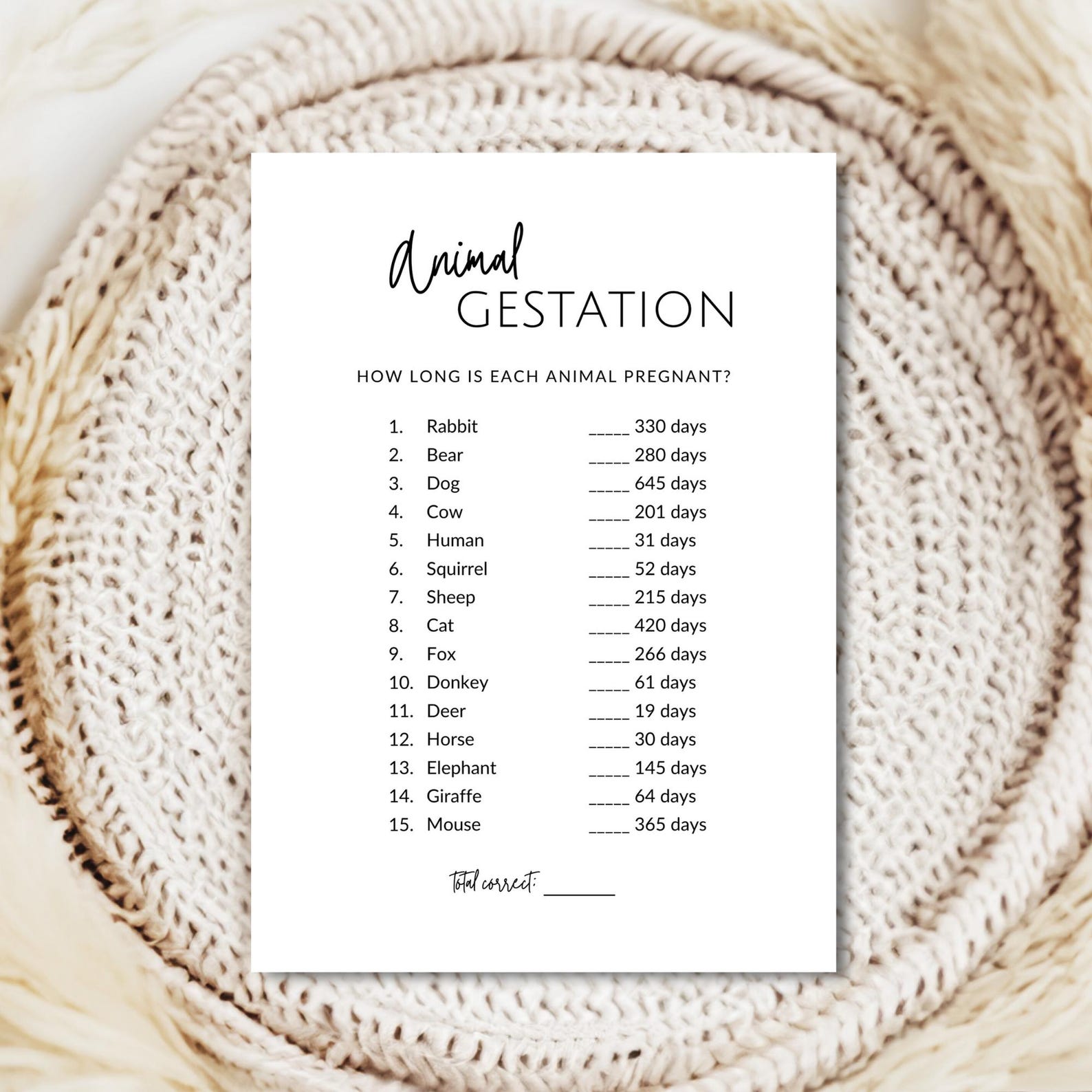 Animal Gestation Baby Shower Game, Animal Pregnancy Game, Baby Animal ...