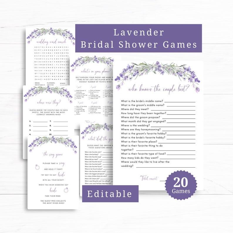 Purple Floral Bridal Shower Games Bundle: 20 Printable Activities ...