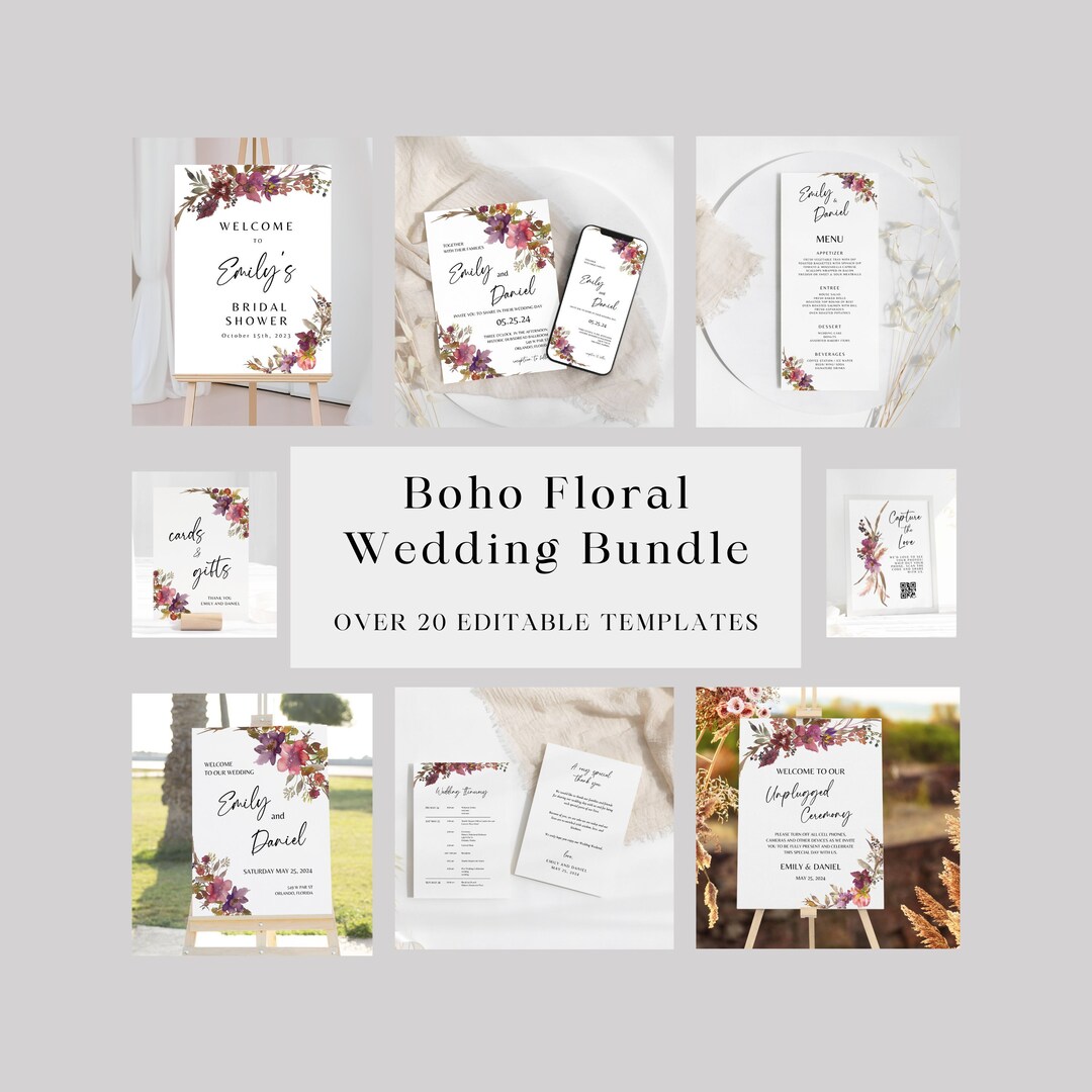 Boho Floral Wedding Template Bundle, Bohemian Floral Editable Templates ...