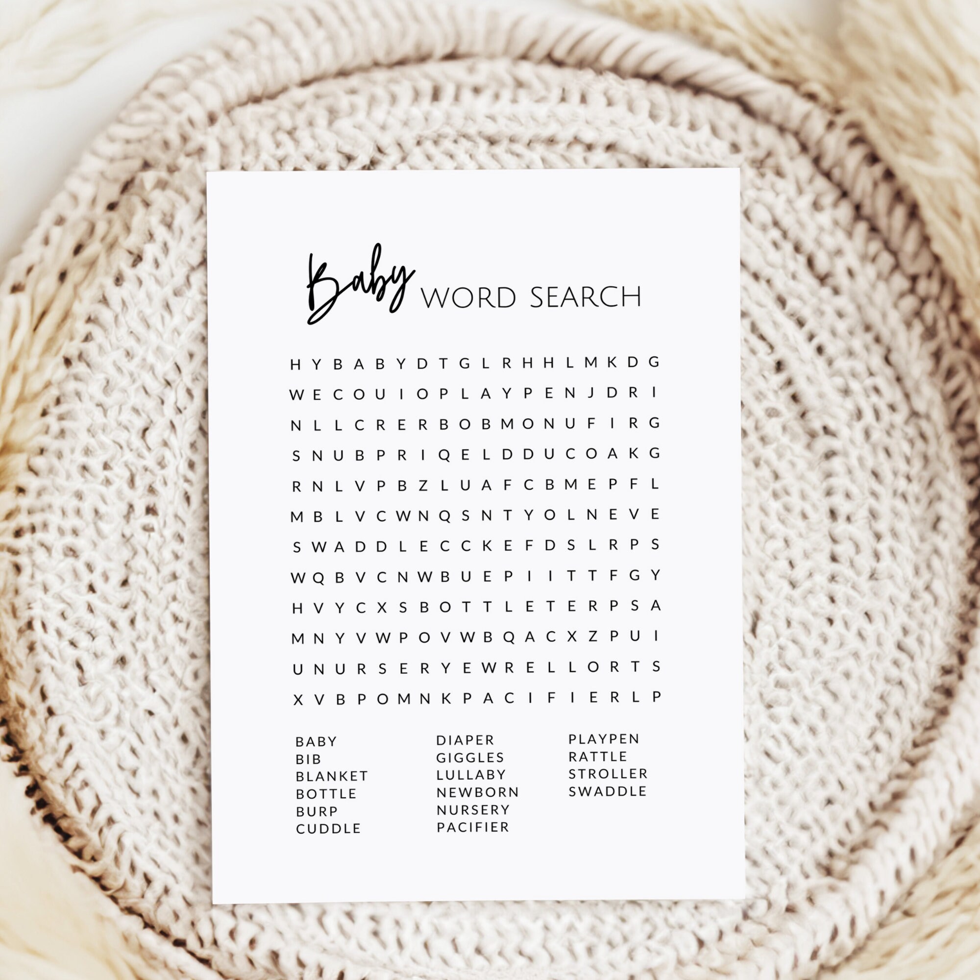 Printable Minimalist Word Search for Baby Shower - Gender Neutral ...