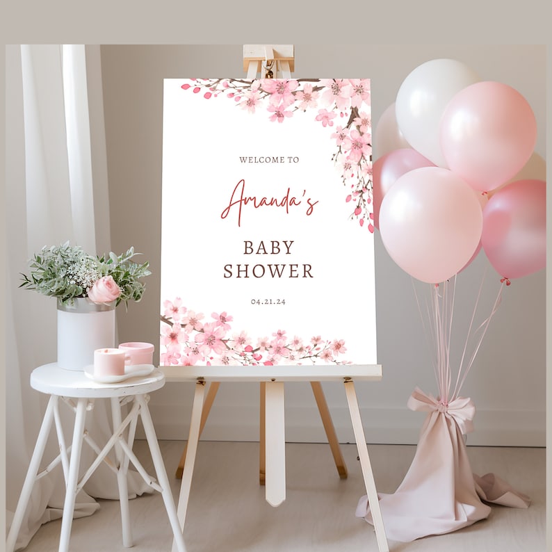 Little Blossom Baby Shower Welcome Sign Template, Cherry Blossom Welcome Sign, Pink Baby Shower ...