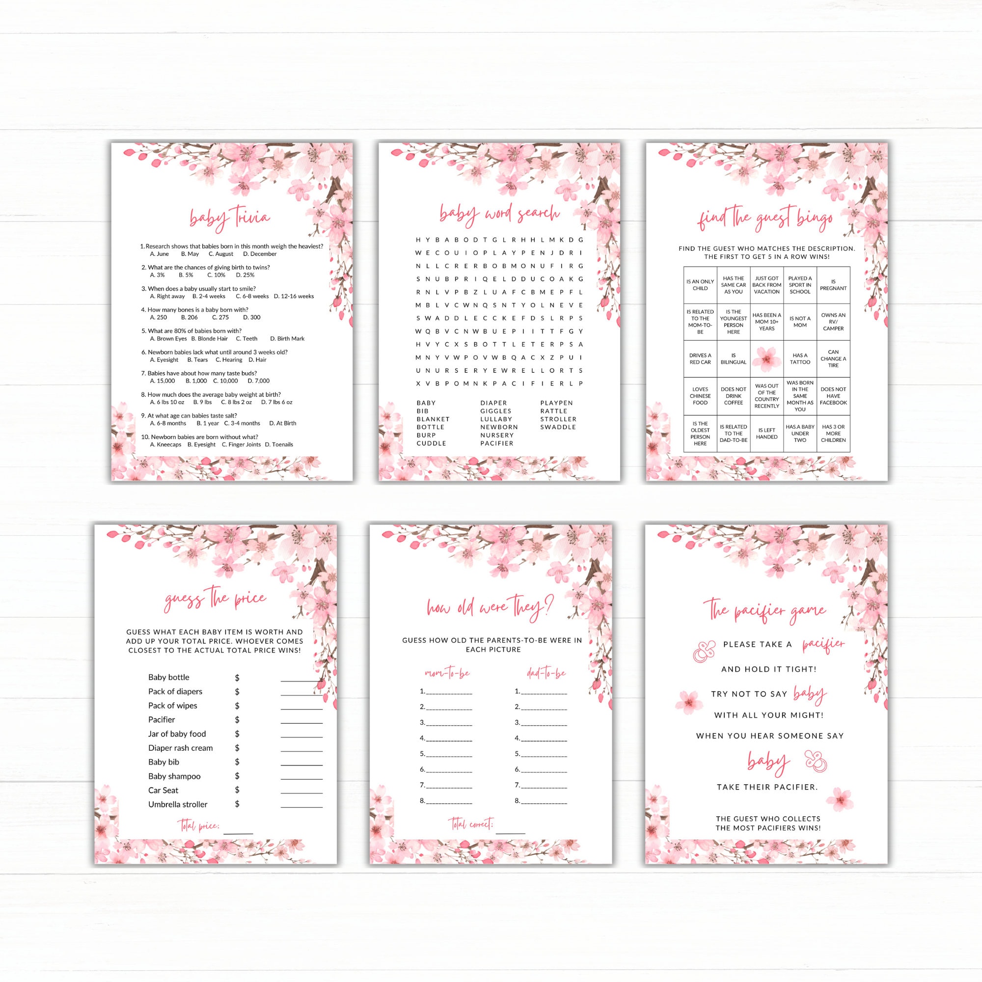 Pink Floral Baby Shower Games Collection Editable Template, Instant ...