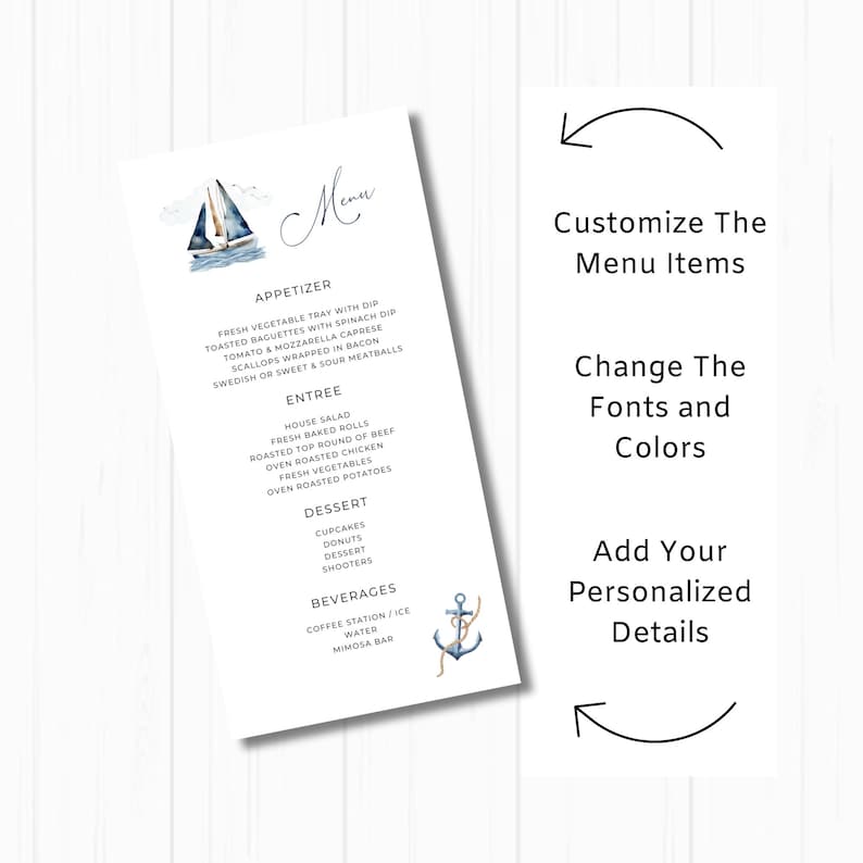 Nautical Baby Shower Menu Template: Anchor & Sailboat Design (digital ...