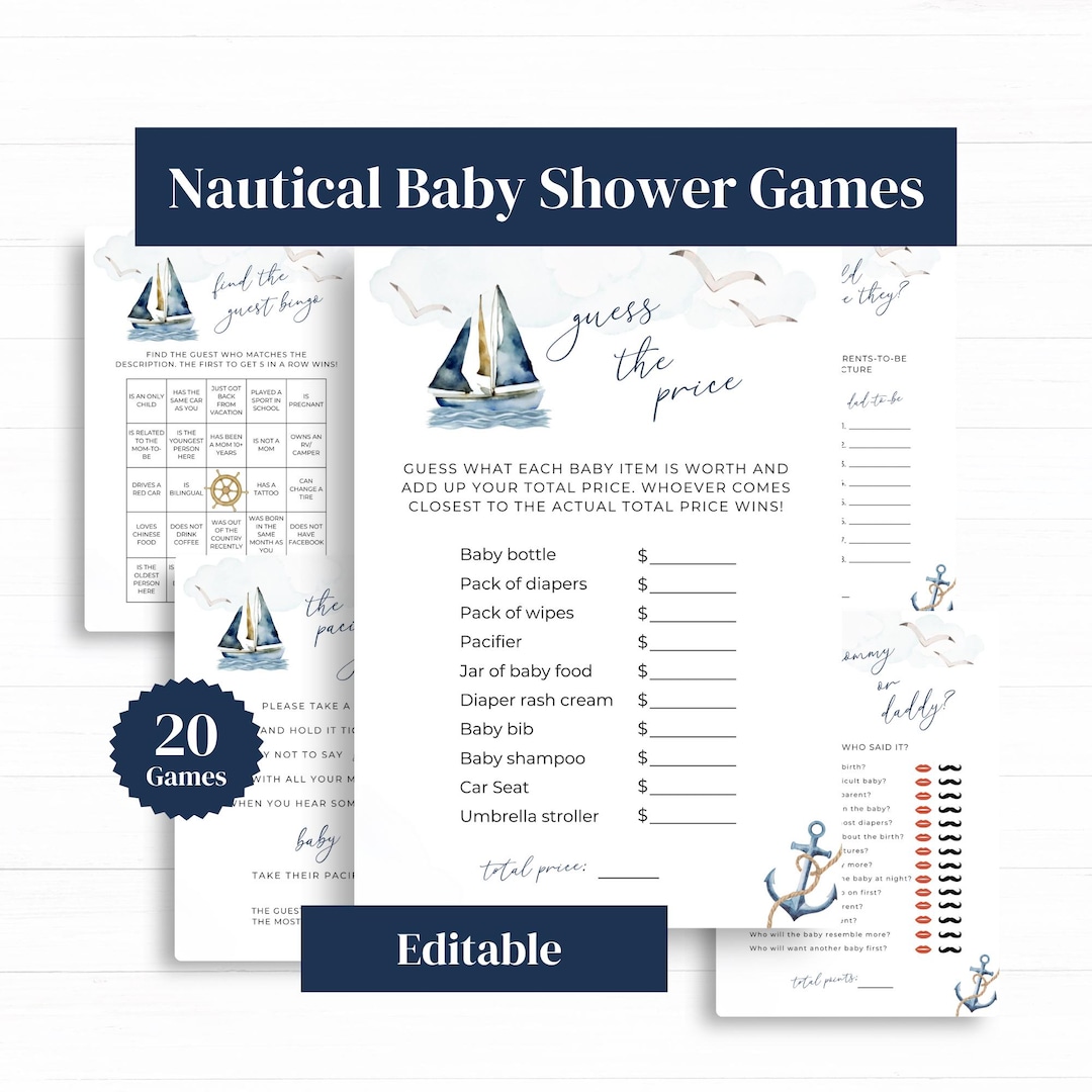 Nautical Baby Shower Game Pack: 20 Blue Sailing Games (editable ...