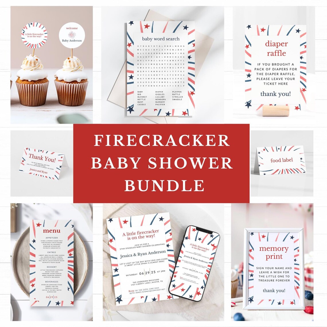 Little Firecracker Baby Shower Template Bundle: Patriotic Party ...